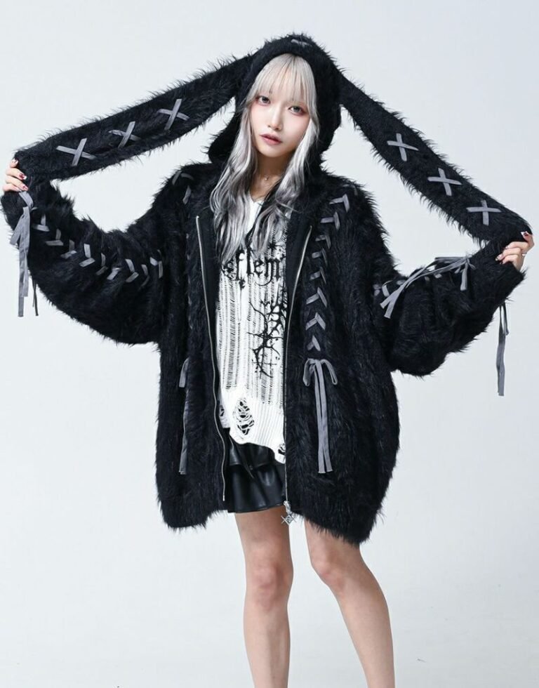 Rabbit Ear Feather Yarn Knit Zip Hoodie - Reflem