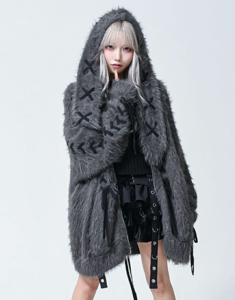 Rabbit Ear Feather Yarn Knit Zip Hoodie - Reflem